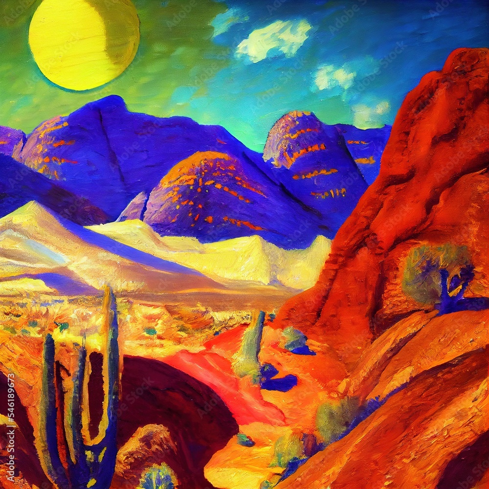 Scorching hot sun and dry surreal oil painting of Arizona desert valley ...