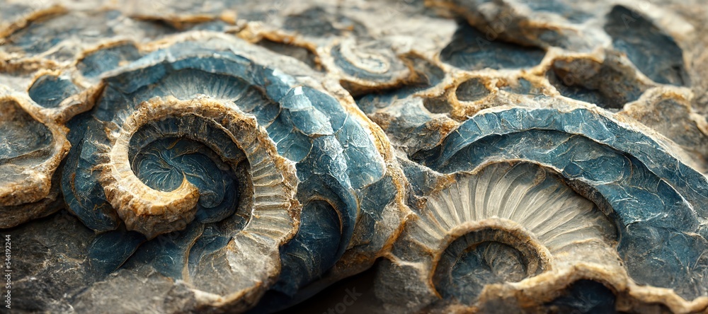 Ammonite sea shell spirals and sandstone rock. Curved layers and ...