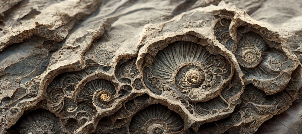 Ammonite sea shell spirals and sandstone rock. Curved layers and ...