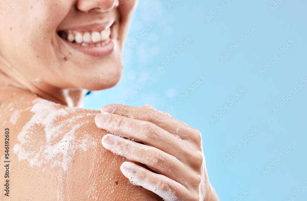 Shower, soap and smile of a woman grooming body for health, skincare ...