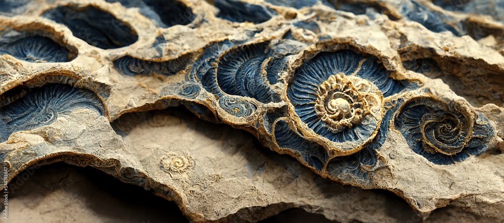 Ammonite sea shell spirals and sandstone rock. Curved layers and ...