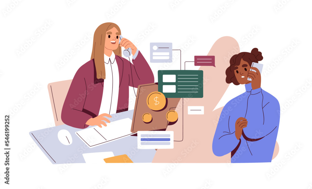 Client and manager during phone call communication. Bank agent ...