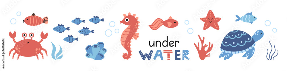 Vector set with sea animals. Crab, seahorse, turtle, starfish and ...