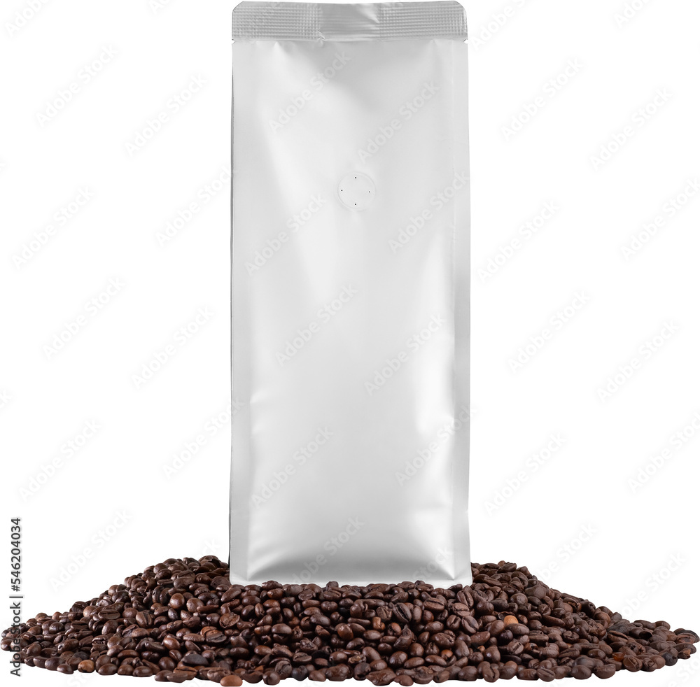 Mockup medium white coffee pouch, png, stabilo pack on coffee beans ...