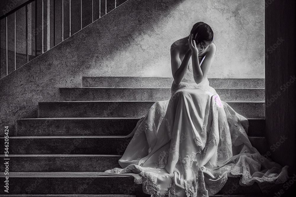 Painting of a weeping bride on a staircase, Generative AI Illustration ...