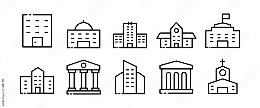Building se icon. Architecture, skyscraper, apartments, church, museum ...