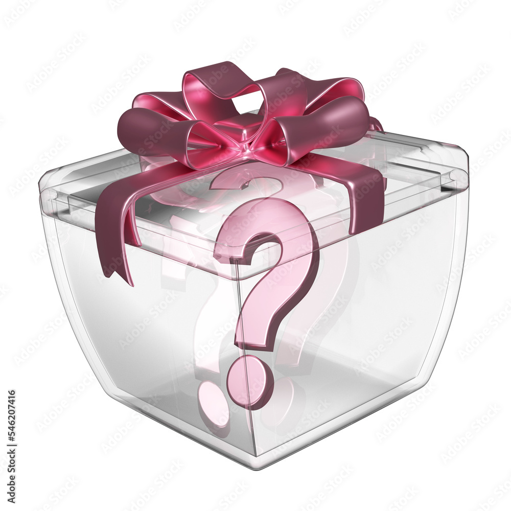 3d transparent gift box with question mark symbol icon isolated. FAQ or ...