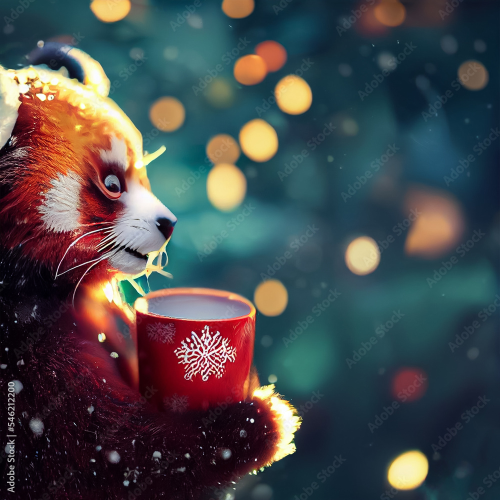 Cute red panda wearing red Santa hat in front of winter background with ...