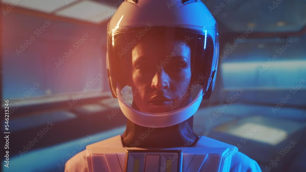 A woman astronaut in a space suit aboard the orbital station. A young ...