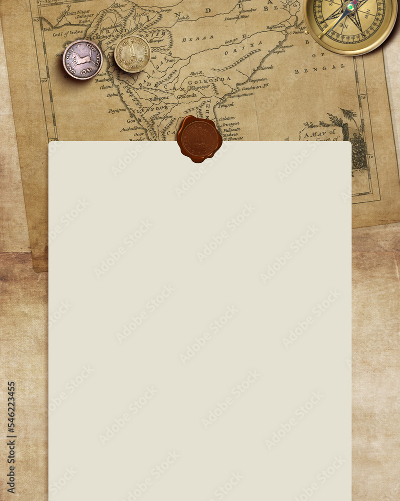 A vintage Indian map and a vintage letter head with old coins. Useful ...