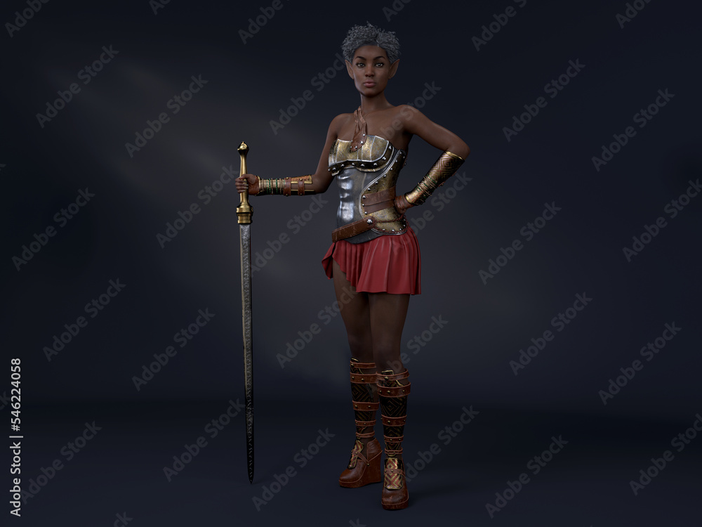 3D Render : portrait of the fantasy female elf character standing in ...