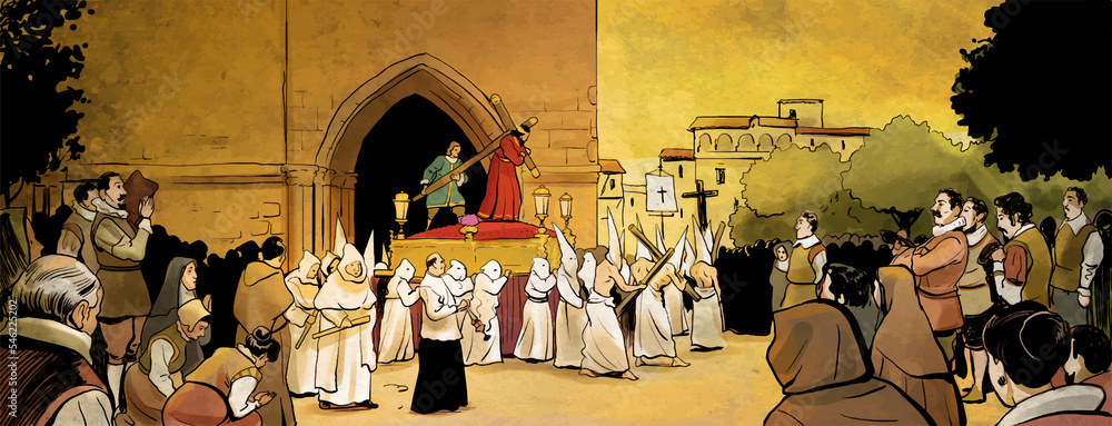Old holy week procession illustration. Scene Good Friday Jesus ...