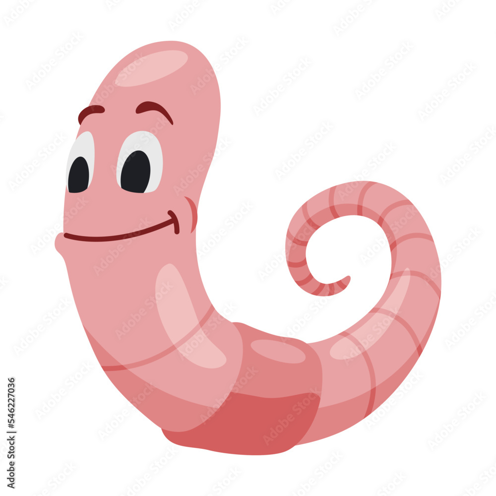 Funny worm. Pink happy crawler creeps and smiles. Earth worm cartoon ...