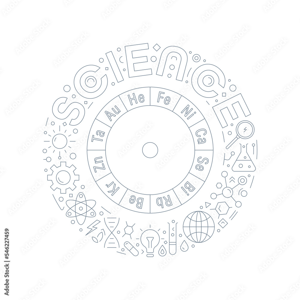 outline science and science symbols around circle. science and element ...