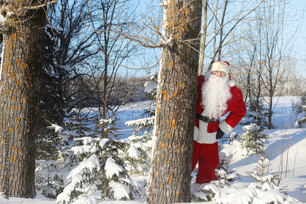 Santa Claus comes with gifts from the outside. Santa in a red suit with ...