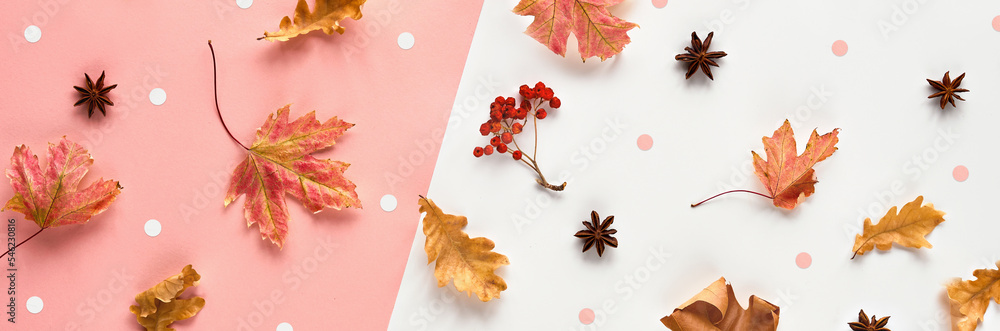 Happy Friday greeting text on text board. Autumn leaves, spices and ...