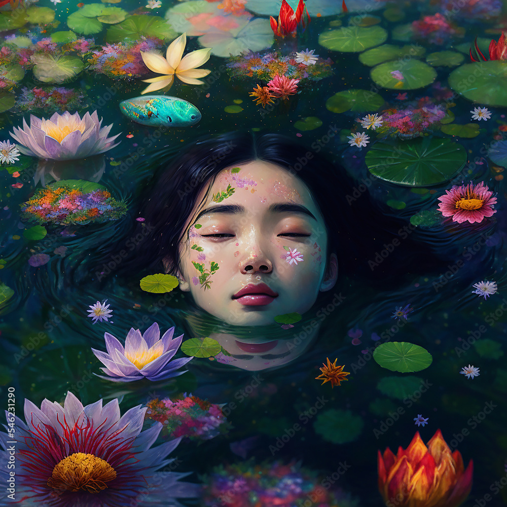 Ophelia from Hamlet in river Illustration, Beautiful Asian woman ...
