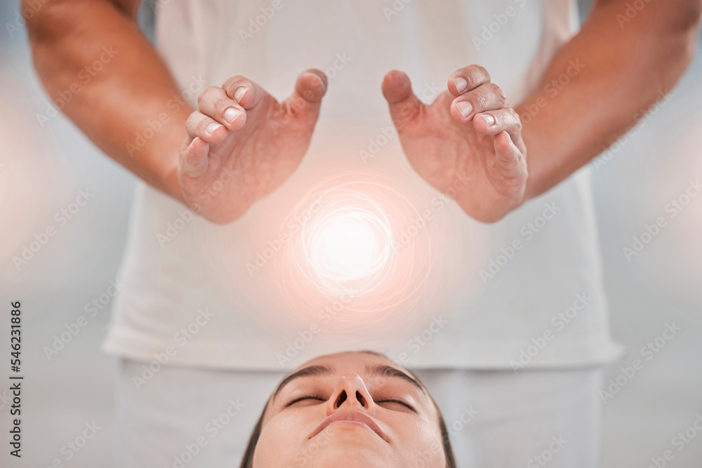 Therapy, massage and reiki with digital overlay above the head of a ...