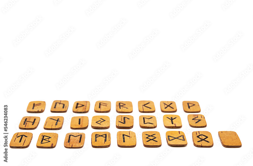 Handmade wooden runes on white. Set of Scandinavian runes for ...