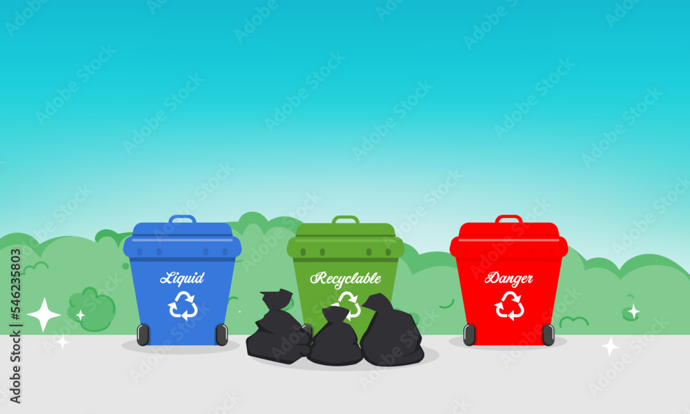 Set of separation garbage bins in cartoon style. Trash types ...
