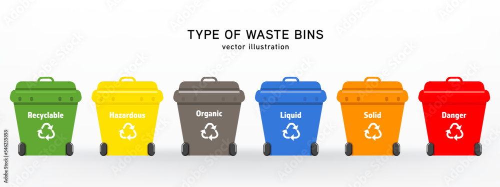 Set of separation garbage bins in cartoon style. Trash types ...