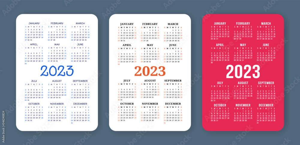 Calendar 2023 year set. English vector set. Vertical wall or pocket ...