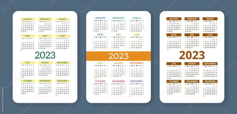 Calendar 2023 year set. English vector set. Vertical wall or pocket ...