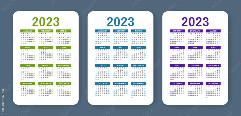 Calendar 2023 year set. English vector set. Vertical wall or pocket ...