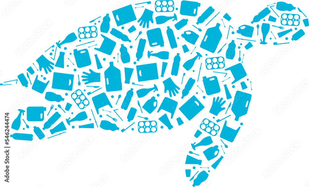 Stop ocean plastic pollution concept vector illustration. Turtle marine ...