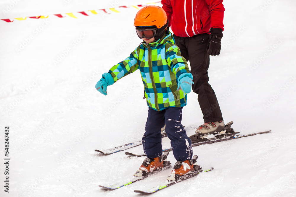 Ski Instructor Learning to ski Little Child Kid. Ski School. Winter Ski ...