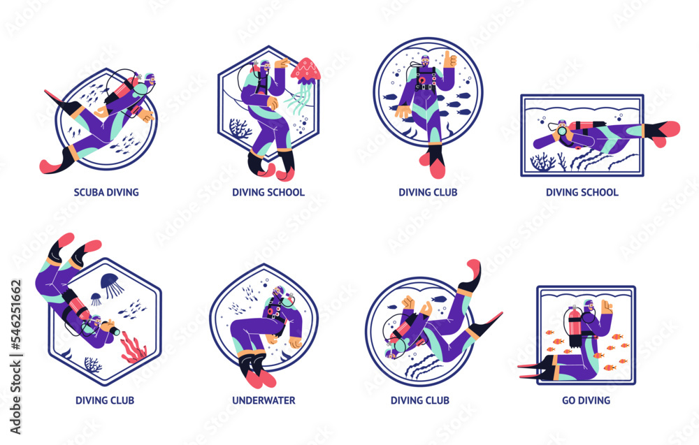 Scuba diving icons set, flat vector illustration isolated on white ...
