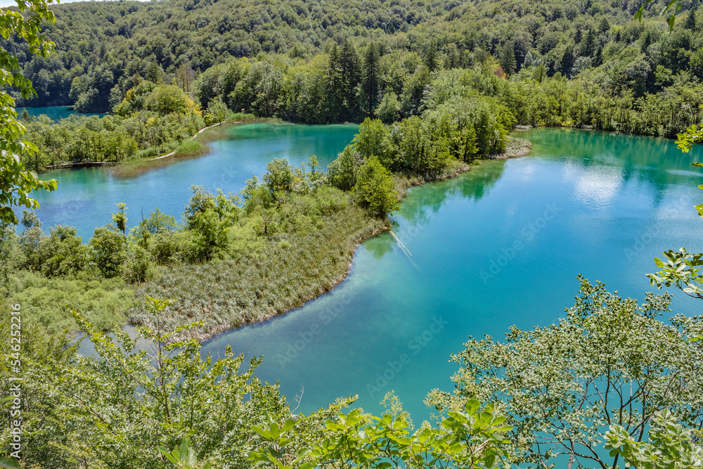 Poster Top view of Plitvice Lakes with waterfalls with crystal clear ...
