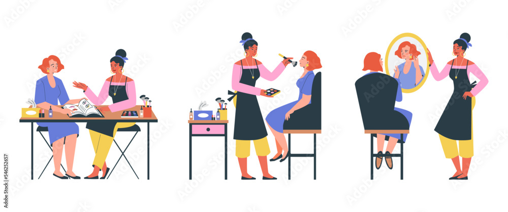 Make up artist working with client, set of flat vector illustrations ...