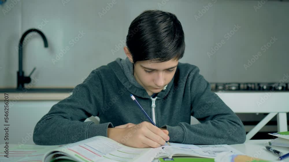 Schoolboy doing homework, reading book and writing in copybook with ...