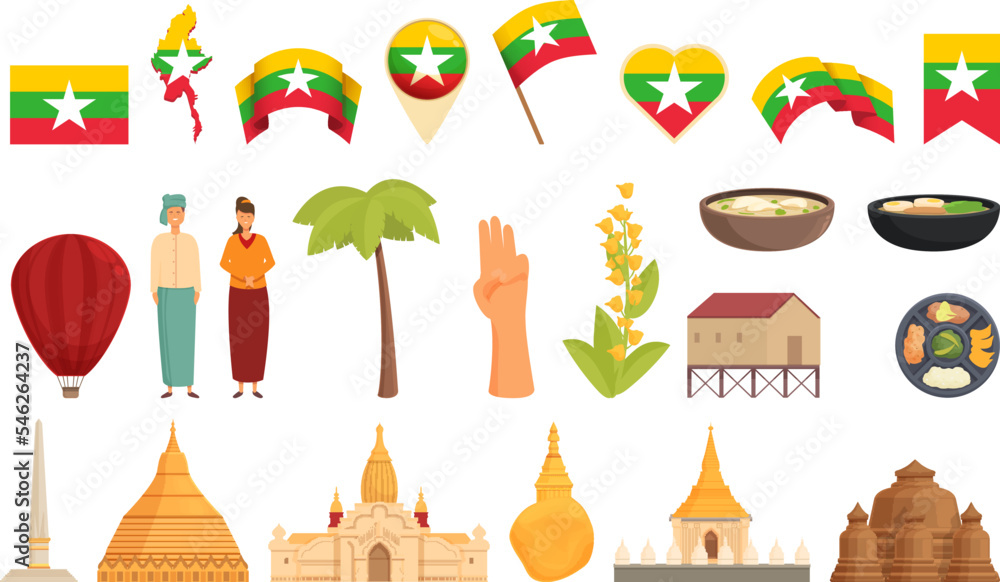 Myanmar icons set cartoon vector. Burma landmark. Yangon map Stock ...