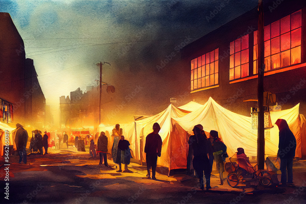 Underprivileged American ghetto inner city. Silhouettes of homeless ...