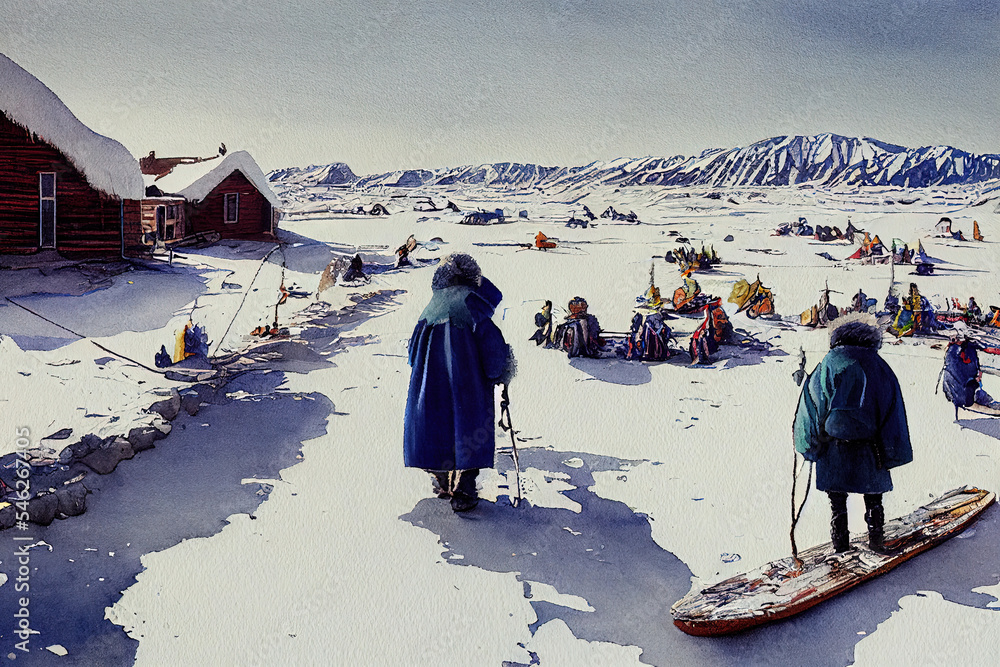 Digital watercolour artwork of indigenous Inuit people village ...