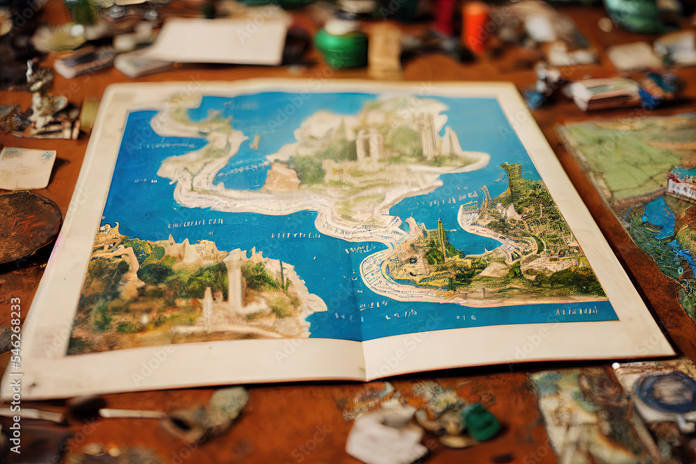 Digital illustration of an ancient map of a lost civilisation ...