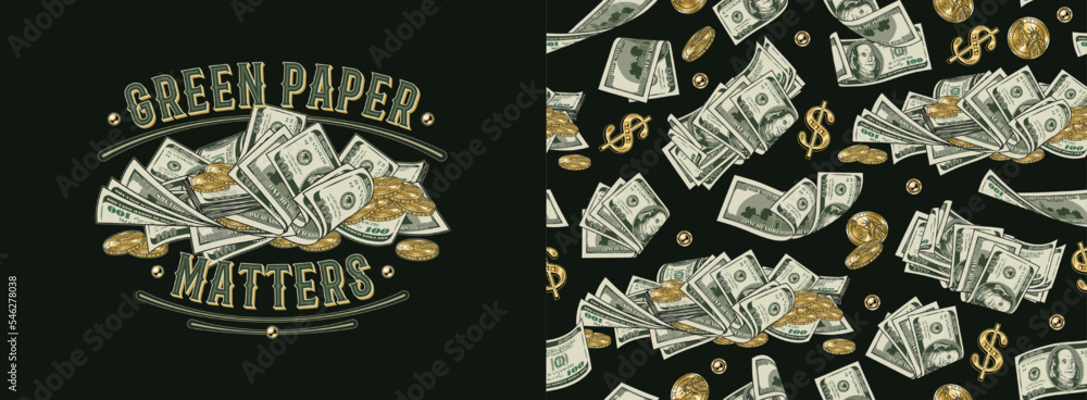 Set of money label and pattern with heap of 100 US dollar notes, gold ...