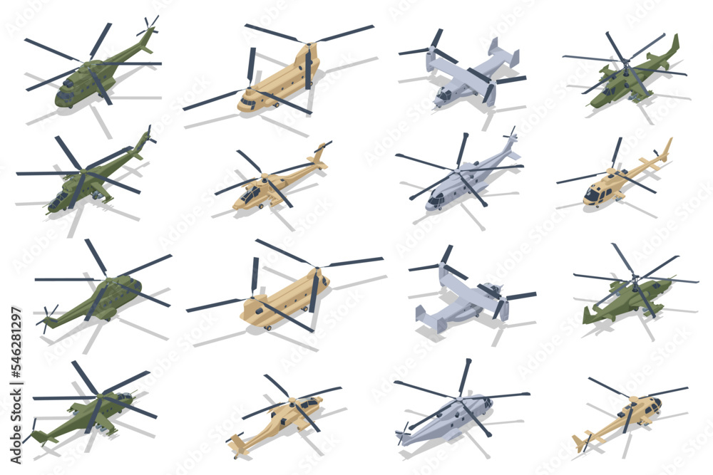 Isometric set of Military Aviation Air Force. Transport, attack ...