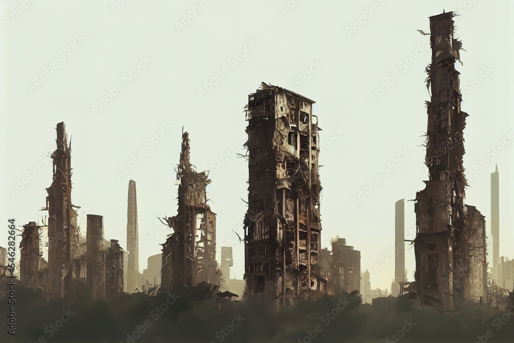 set of ruined overgrown skyscrapers, tall post apocalyptic buildings ...