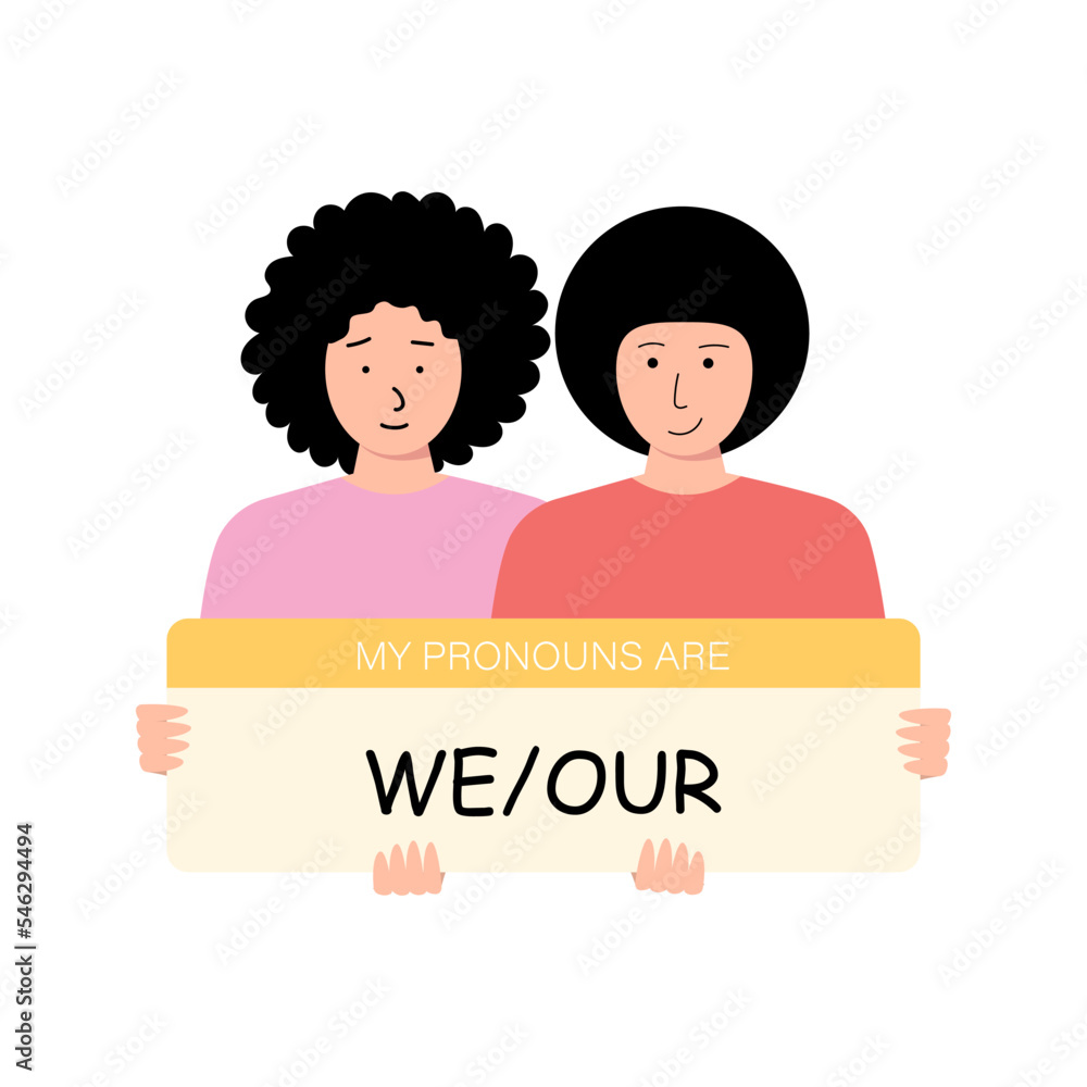 English pronouns We and Our. Girl and boy with signs for a book ...
