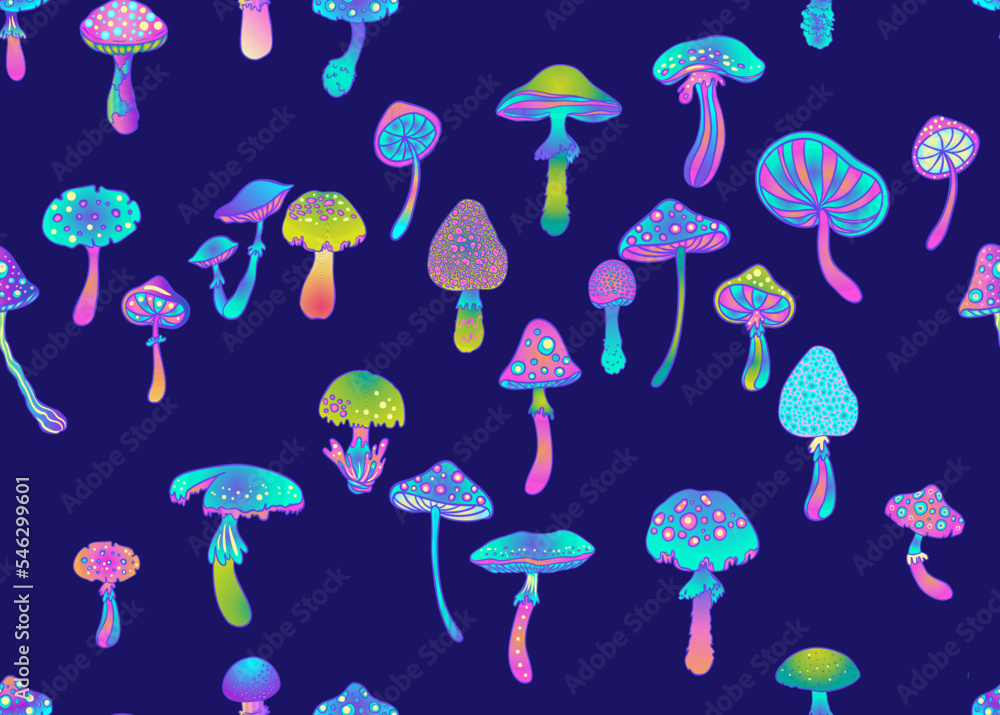 Magic mushrooms seamless pattern. Psychedelic hallucination. 60s hippie ...