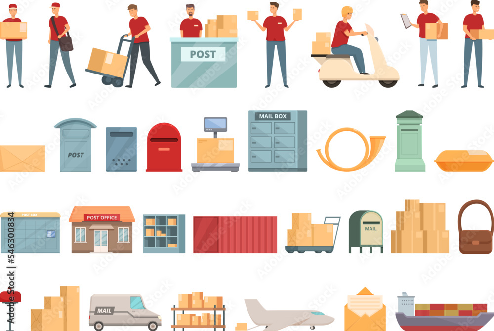 Postal service icons set cartoon vector. Mail office. Parcel mailbox ...
