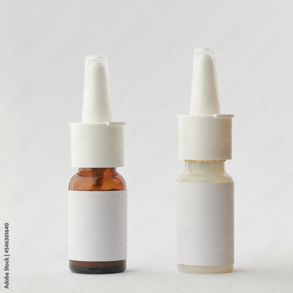 different kind of nasal spray bottles mockup, brown glass and white ...
