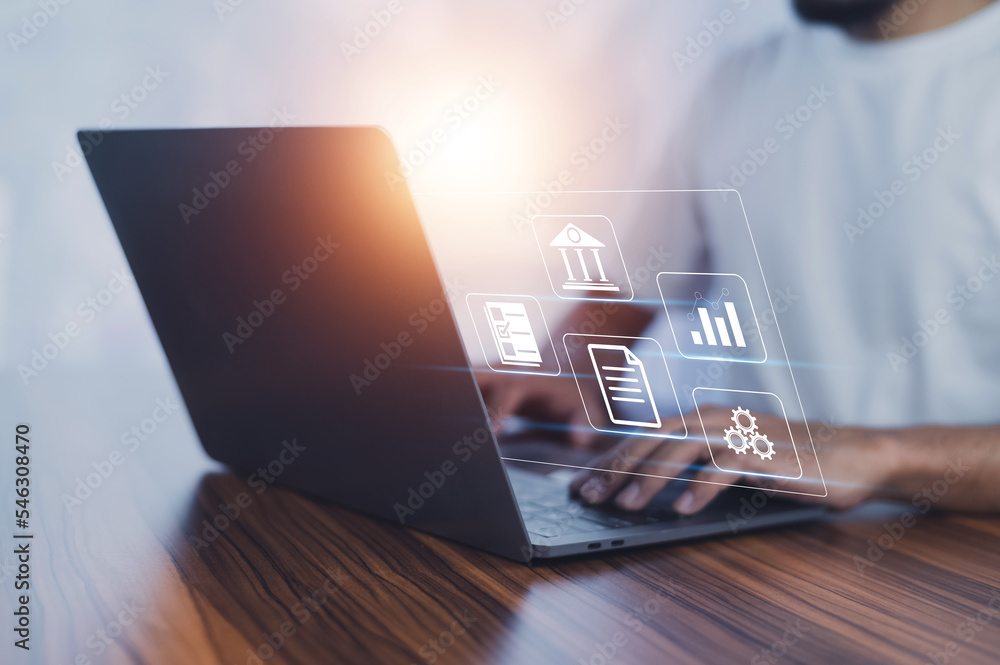 Documents management information system concept, Businessman using ...