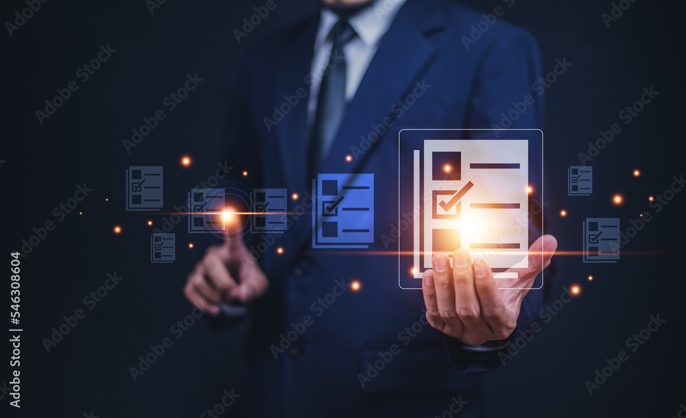 Documents management information system concept, Businessman using ...