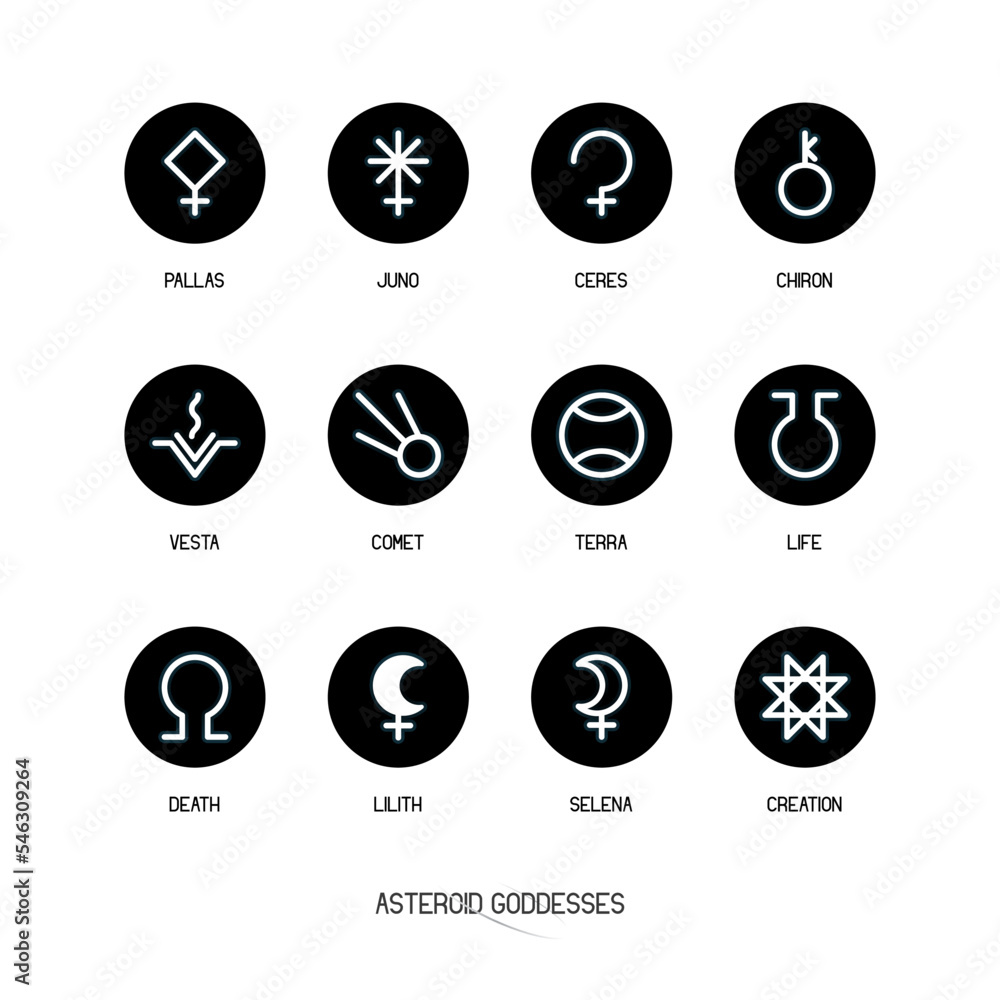 ASTEROID GODDESSES zodiac horoscope thin line label linear design ...