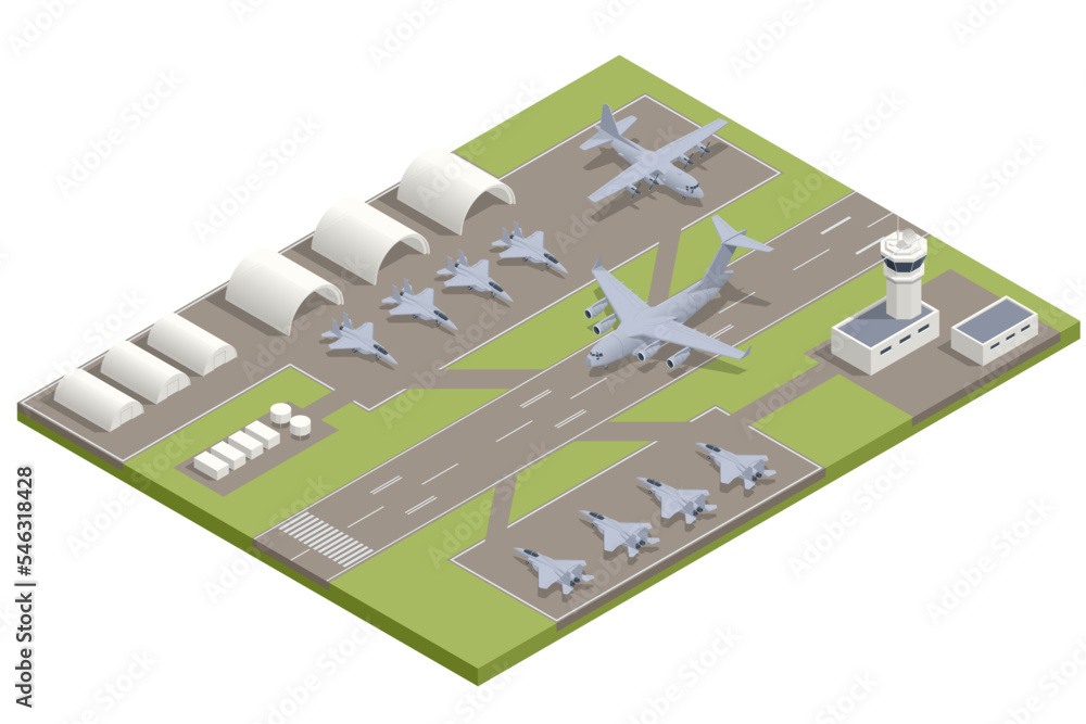 Isometric military fighter jet aircrafts, large military transport ...