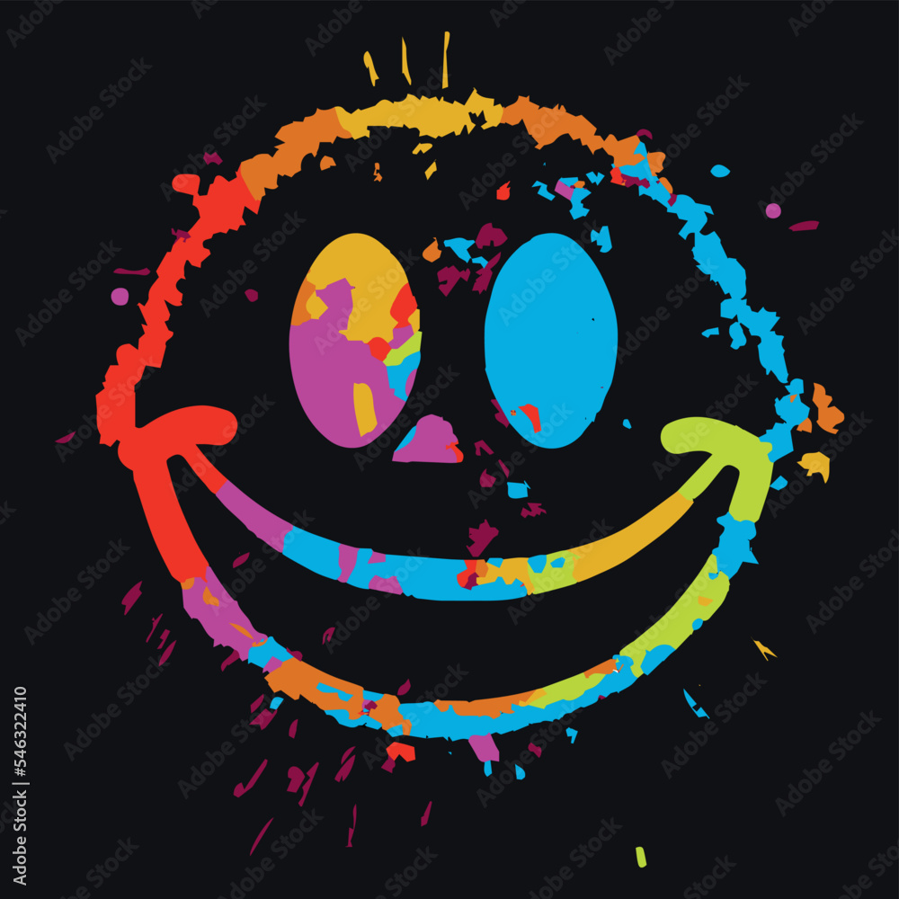 Acid colorful smiley. Paint splatter graffiti style emoji. Funny face ...